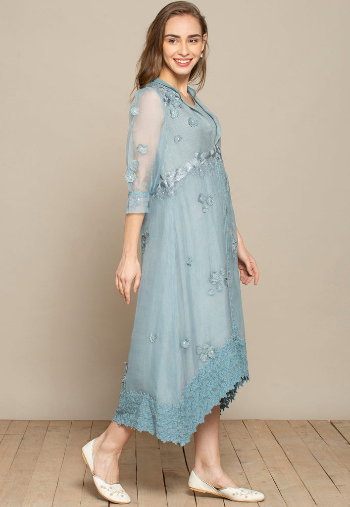 Blue embroidery designer linen & organza maxi jacket set by Kaveri ...